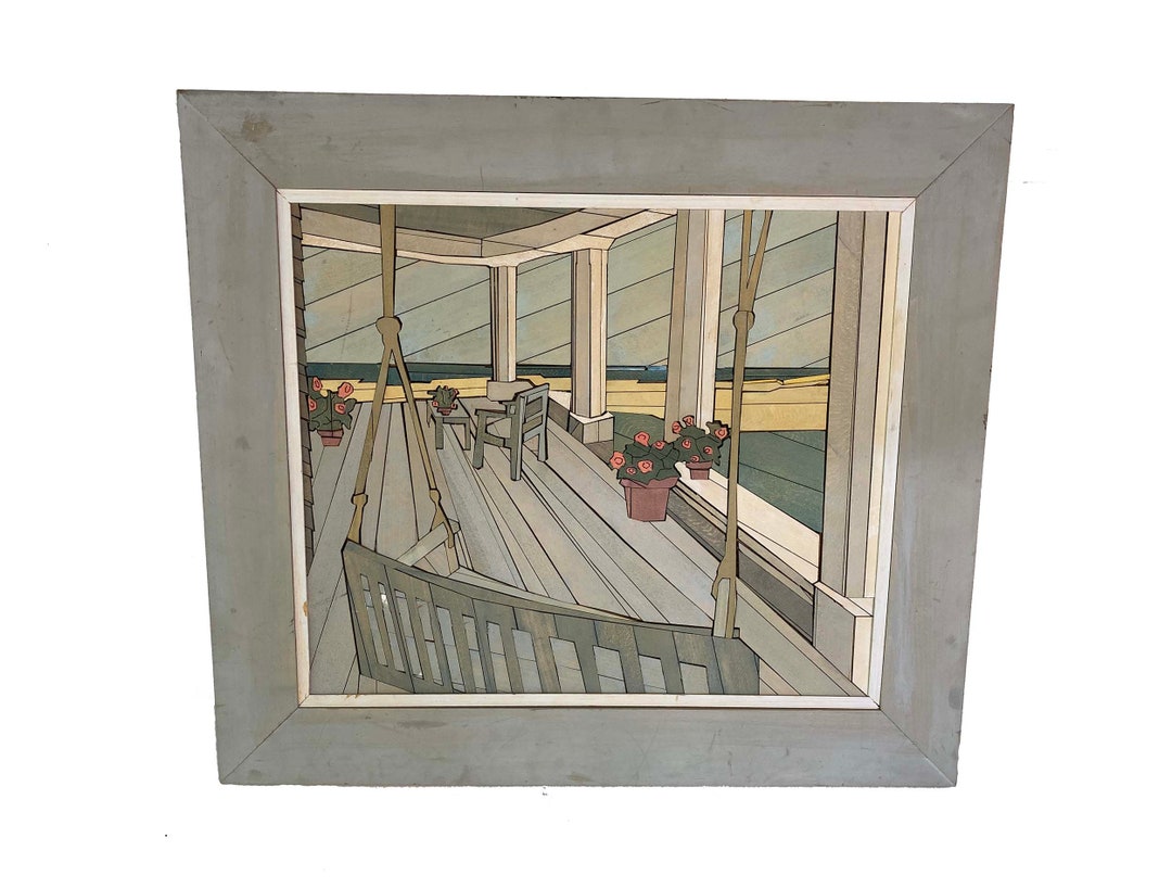 Framed Porch Scene Made of Wood Inlays Painted and Stained Marquetry - Etsy
