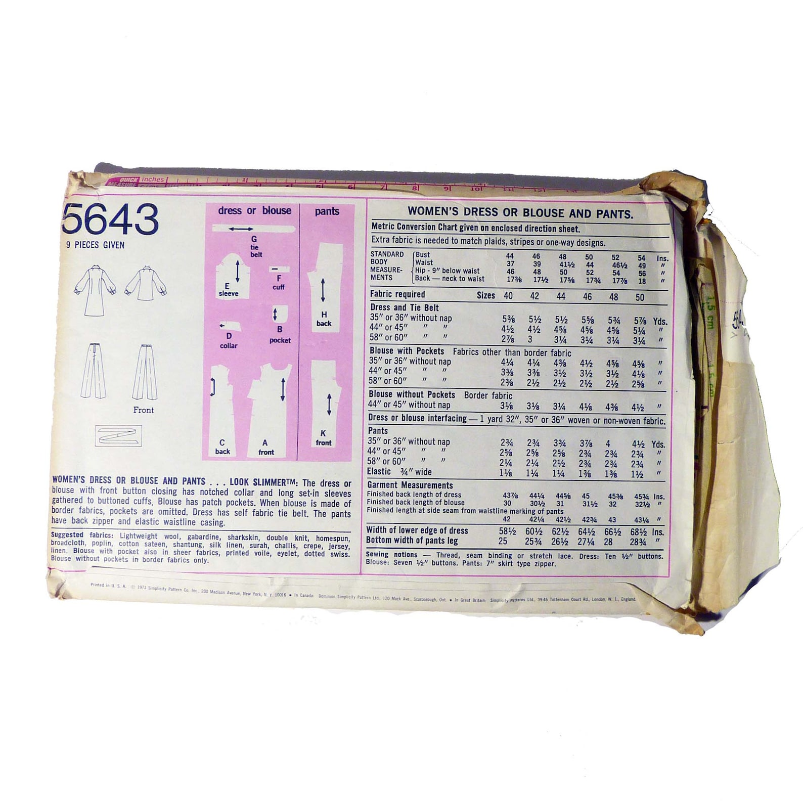 Simplicity 5643 Vintage Sewing Pattern Women's Dress Blouse Pants 1973 ...