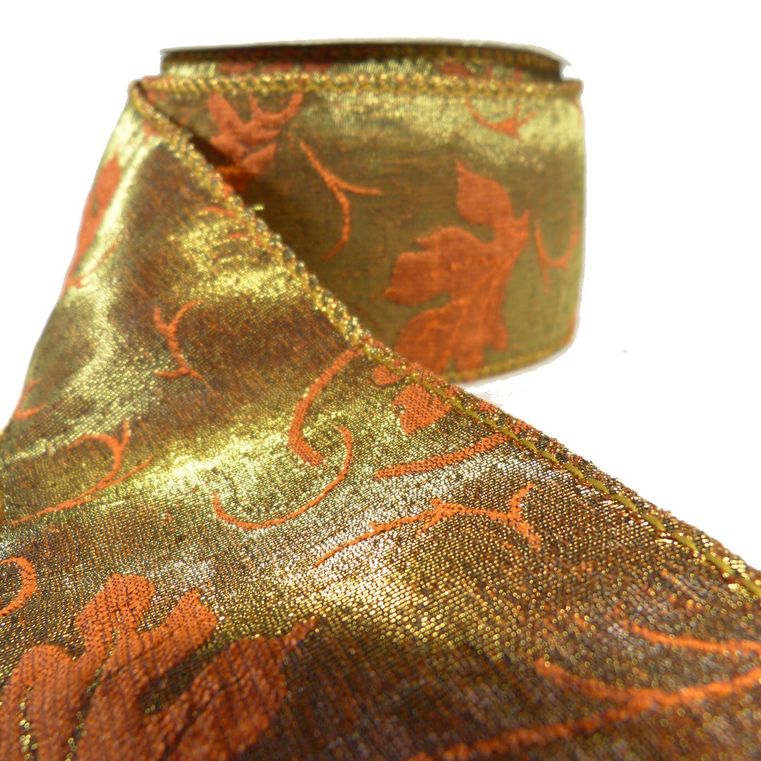 Rust Fall Leaves on Metallic Bronze Wired Ribbon 2.5" Wide by the Roll ...