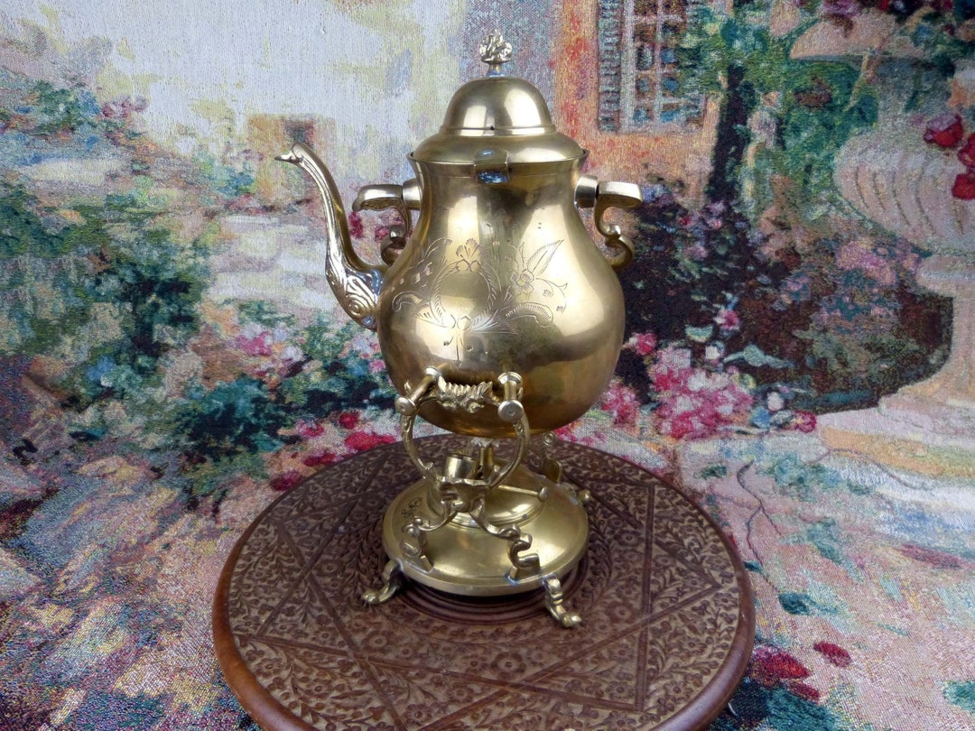 Brass Tilting Teapot on Oil Burning Warming Stand Ornate Design Etched ...