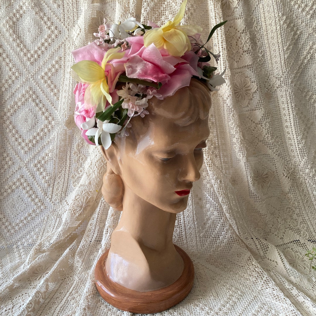 Lord & Taylor Spring Flower Hat Pink Roses Yellow and White Flowers ...