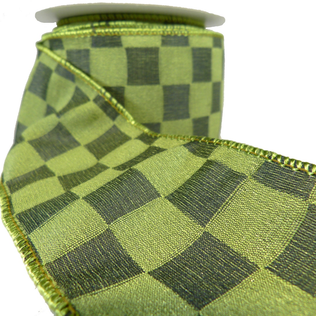Lime and Pine Green Checkerboard Pattern Wired Ribbon 2.5" Wide by the ...