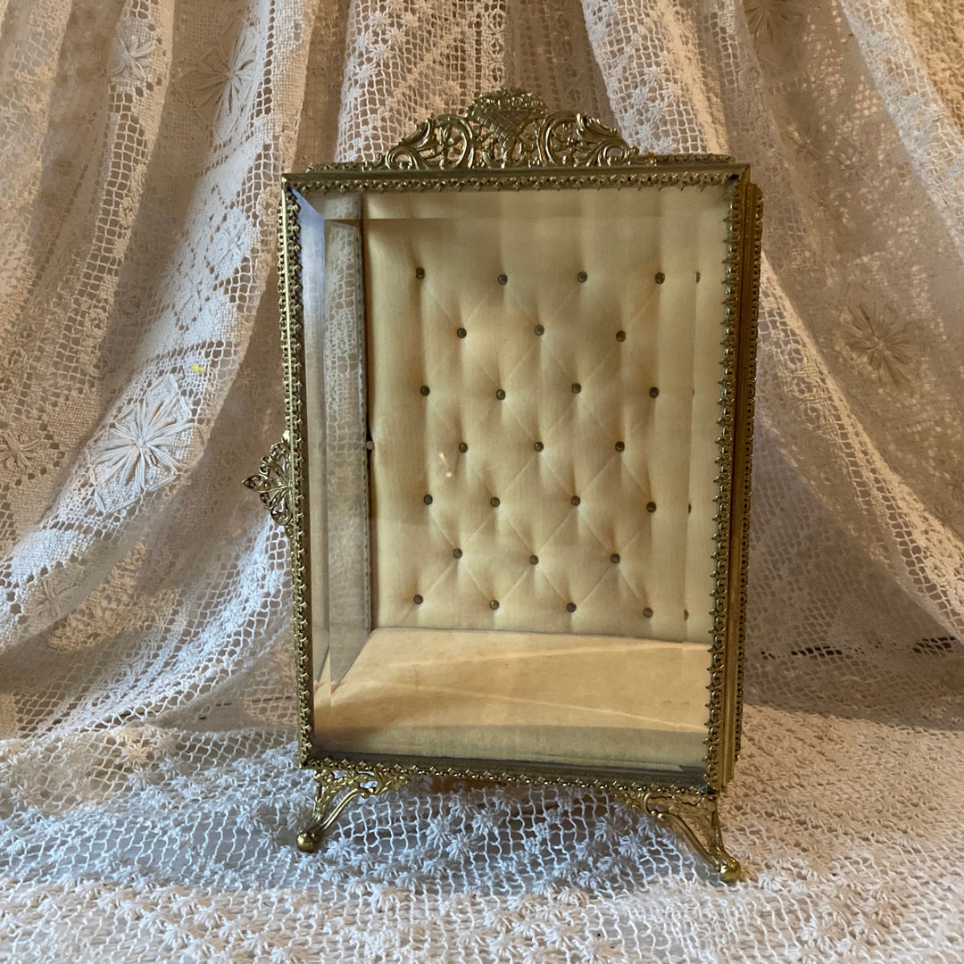 Ormolu Filigree Footed Upright Beveled Glass Vitrine Jewelry Box Large ...