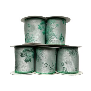 Wired Ribbon 4 Rolls Woven Chinese Floral Pattern Green & Pearl 4" Wide ...