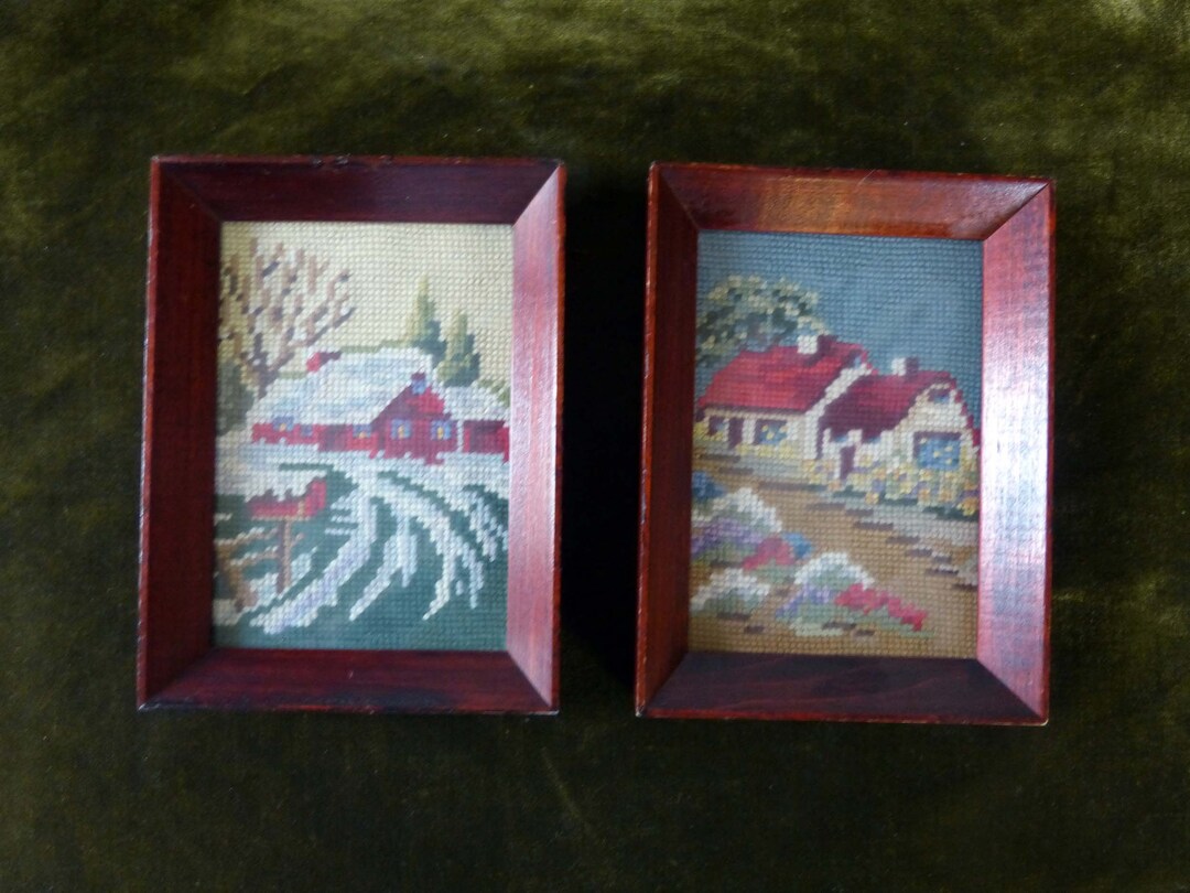 Pair Small Needlepoint Cottage Scenes Winter & Summer Nicely Framed ...