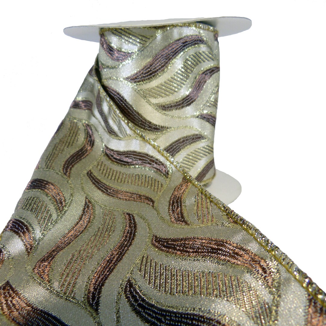 Brown Gold Taupe Wave Pattern Wired Ribbon 4" Wideby the Roll 5 Yards ...