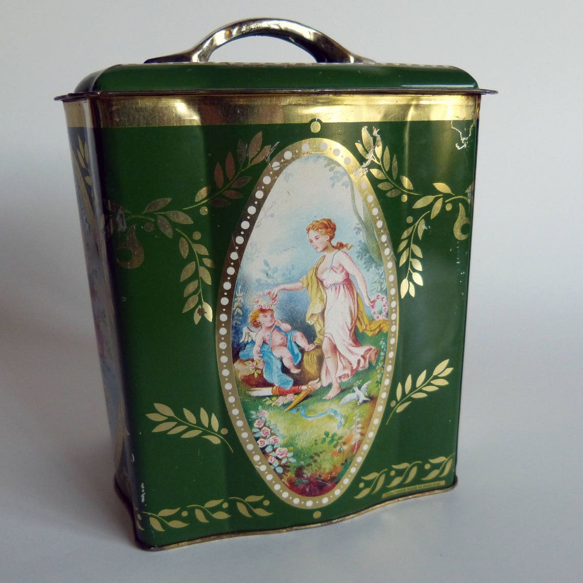 Shapely Vintage Lidded Tin With Woman & Cherub Scene Green | Etsy