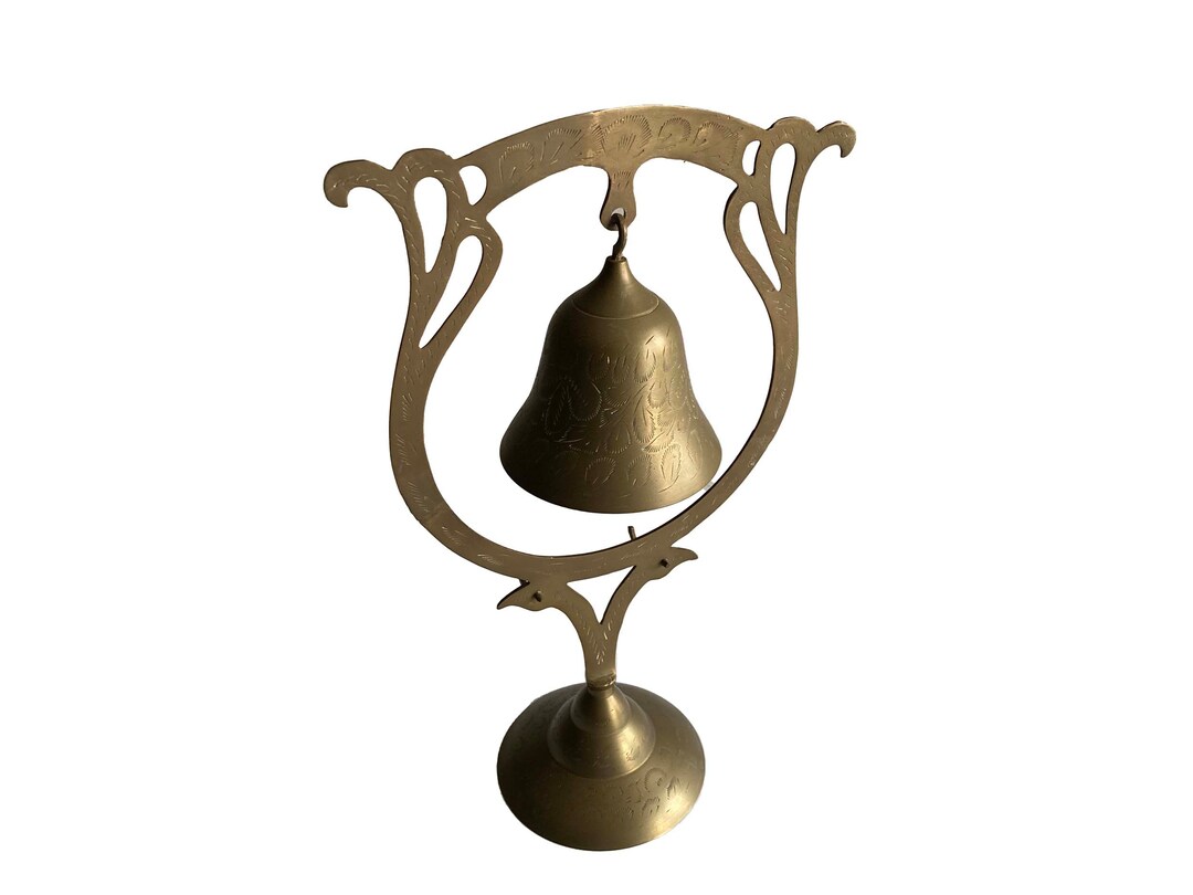 Large Brass Altar Shrine Etched Temple Bell Hanging From Tall Ornate ...