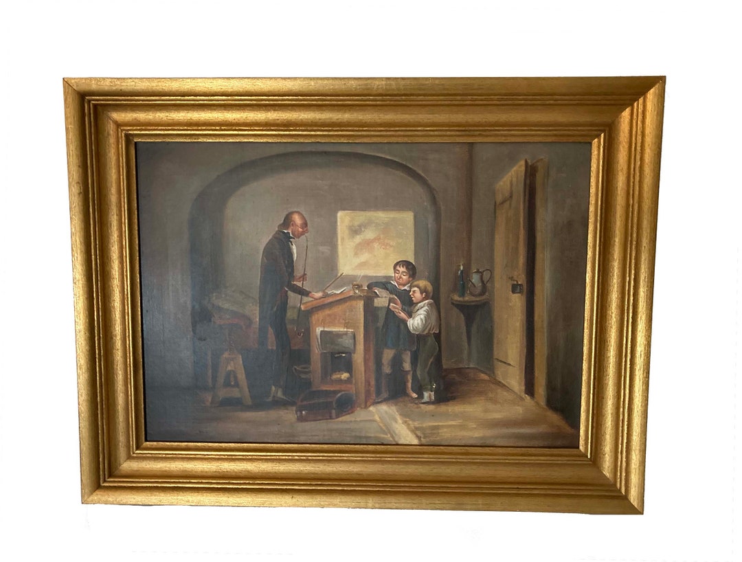 Classroom Oil Painting Antique Original in Gold Frame Teacher ...