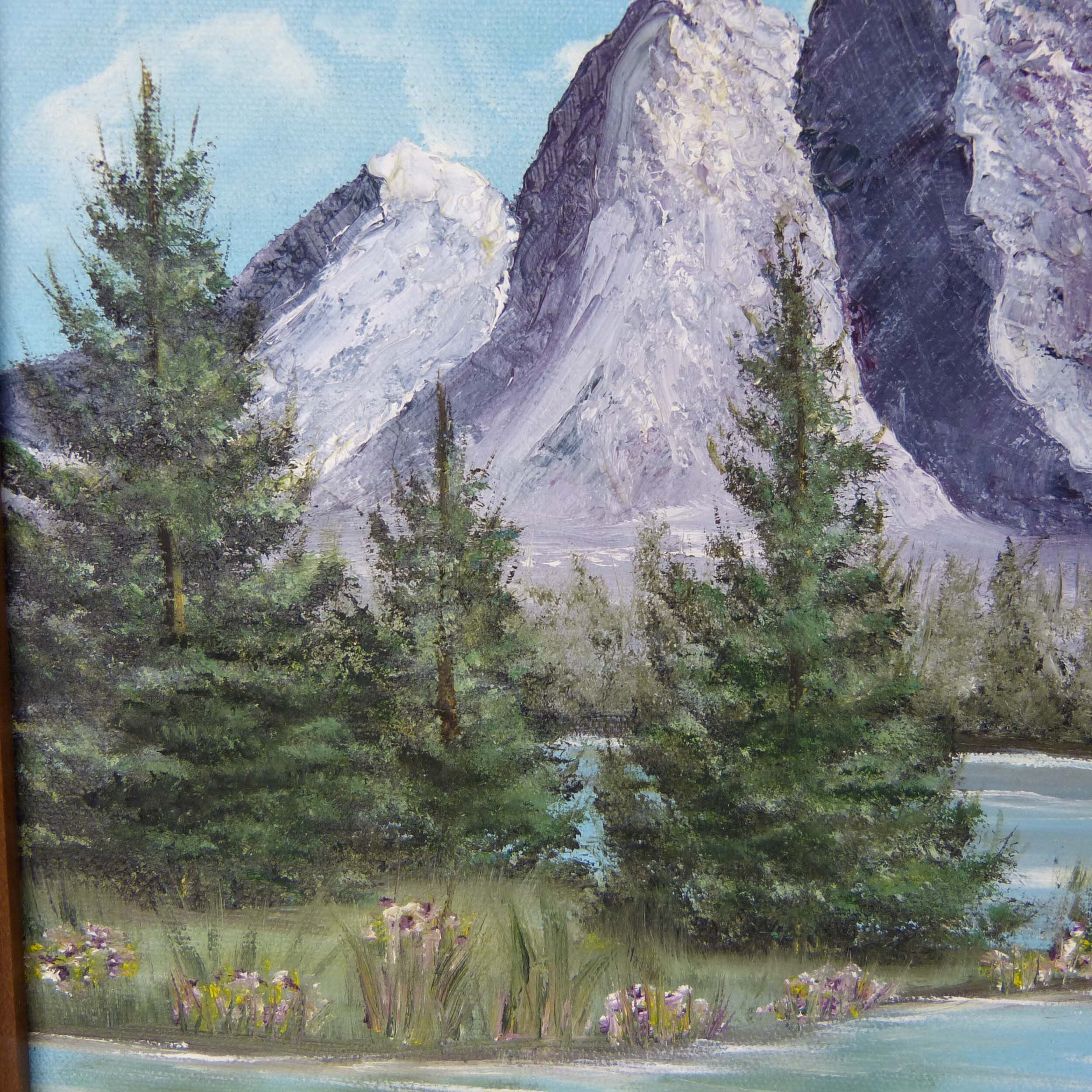 Oil Painting Vintage Landscape Mountain Lake & Spruce Trees Signed ...