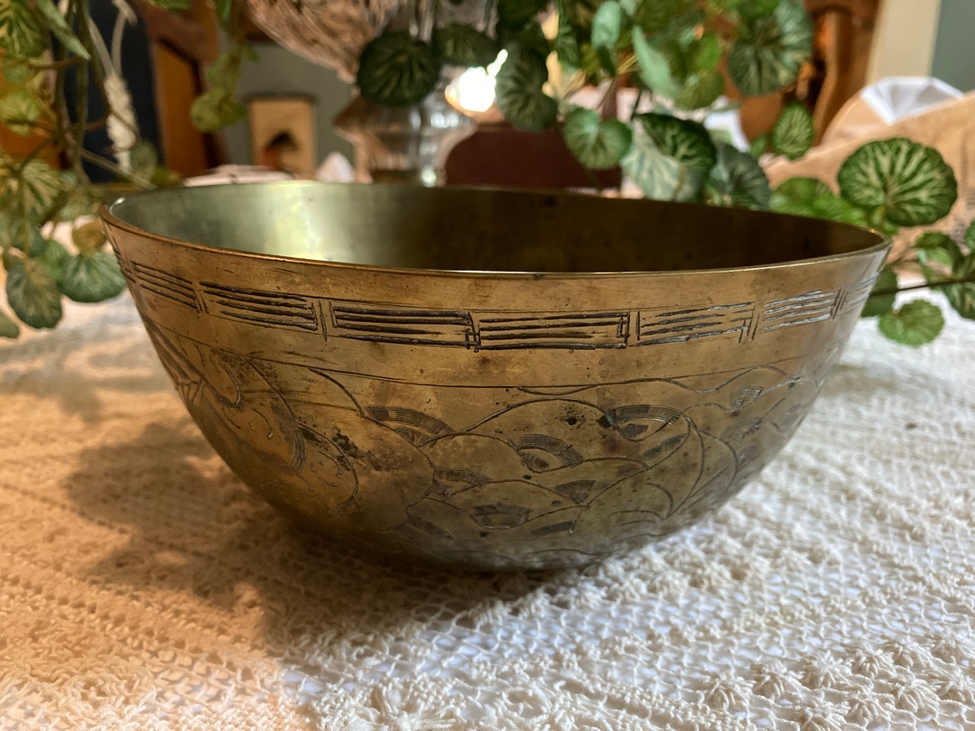 Vintage Chinese Brass Bowl Intricate Etched Scenes Dragon Bird Waves - Etsy