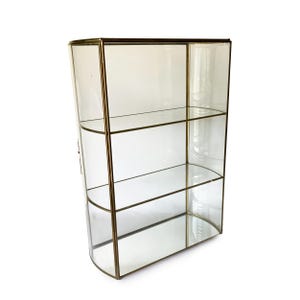 Tall Glass & Brass Hinged Front Door Display Case Two Shelves Mirrored ...