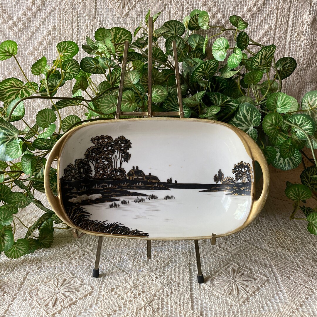 Morimura Nippon Porcelain Dish Hand Painted Black Gold Landscape Japan ...