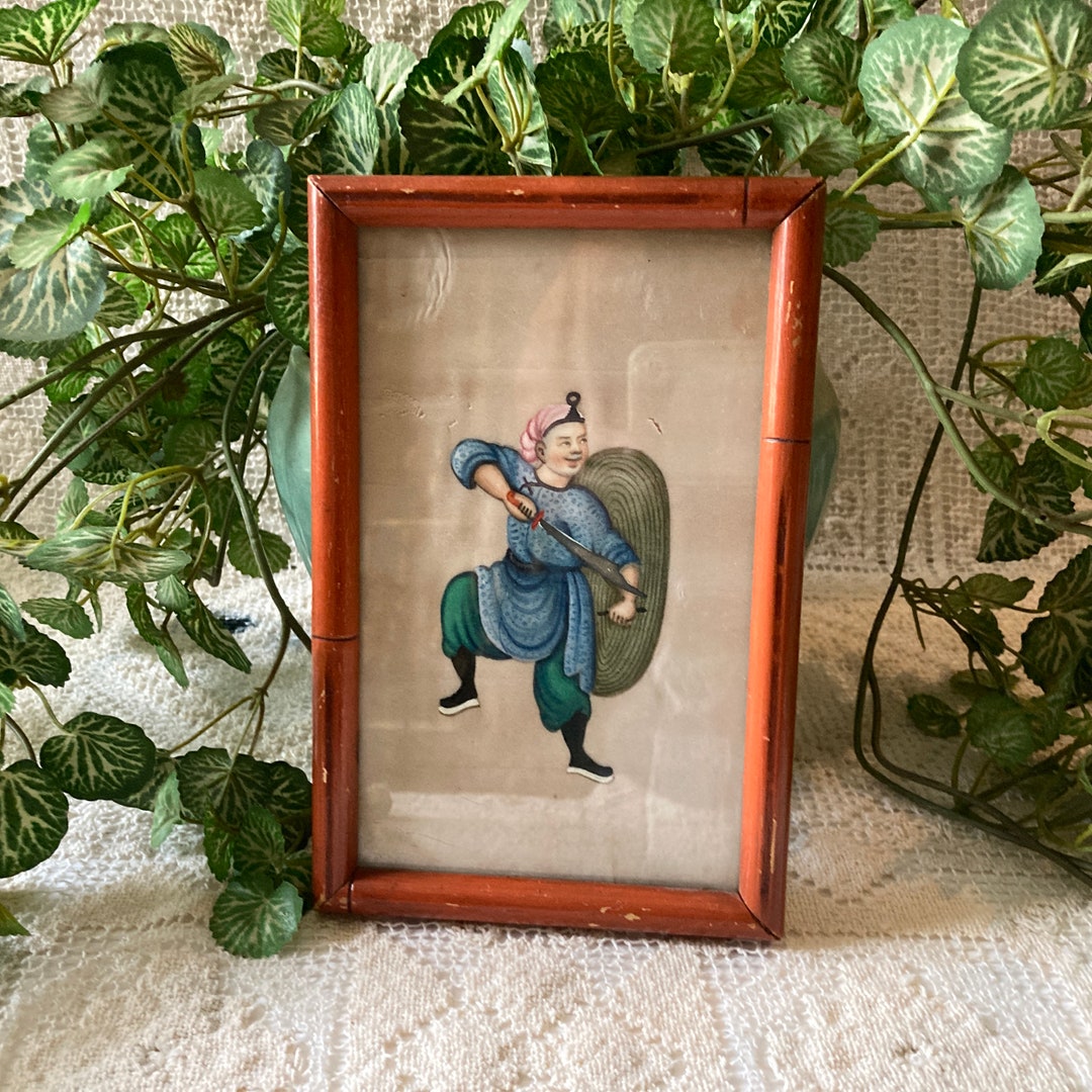 Antique Chinese Gouache Pith Painting Warrior Scimitar Sword & Shield ...