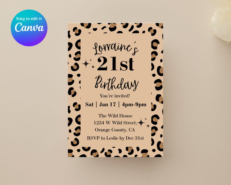 Editable Neutral Cheetah Leopard Print Birthday Invitation | 21st ...
