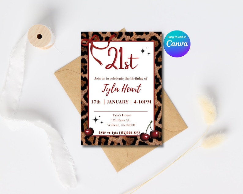 Cherry Leopard Birthday Invitation: Wild Glam Cheetah Print (canva ...