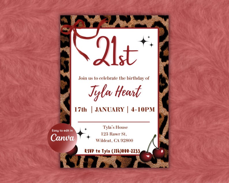 Cherry Leopard Birthday Invitation: Wild Glam Cheetah Print (canva ...
