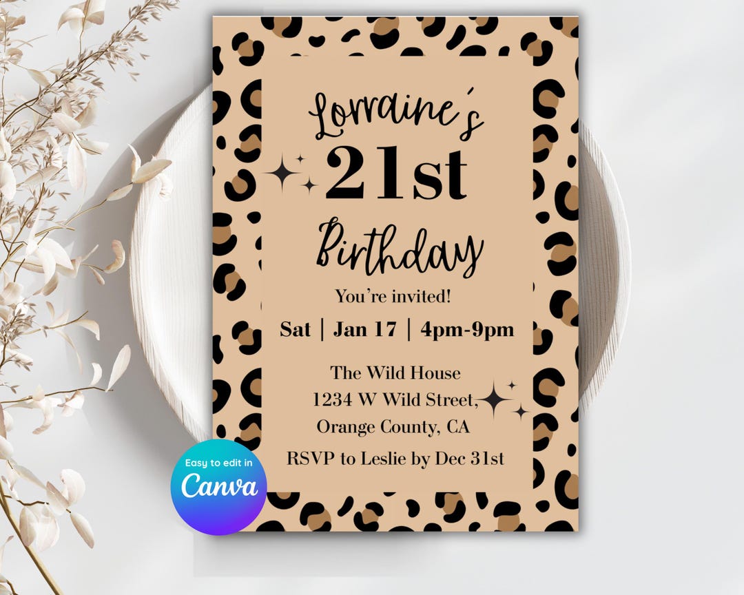 Editable Neutral Cheetah Leopard Print Birthday Invitation | 21st ...