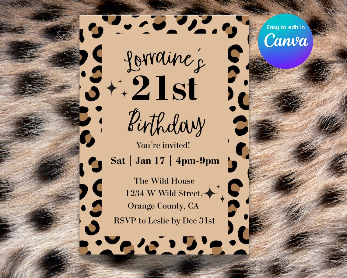 Editable Neutral Cheetah Leopard Print Birthday Invitation | 21st ...