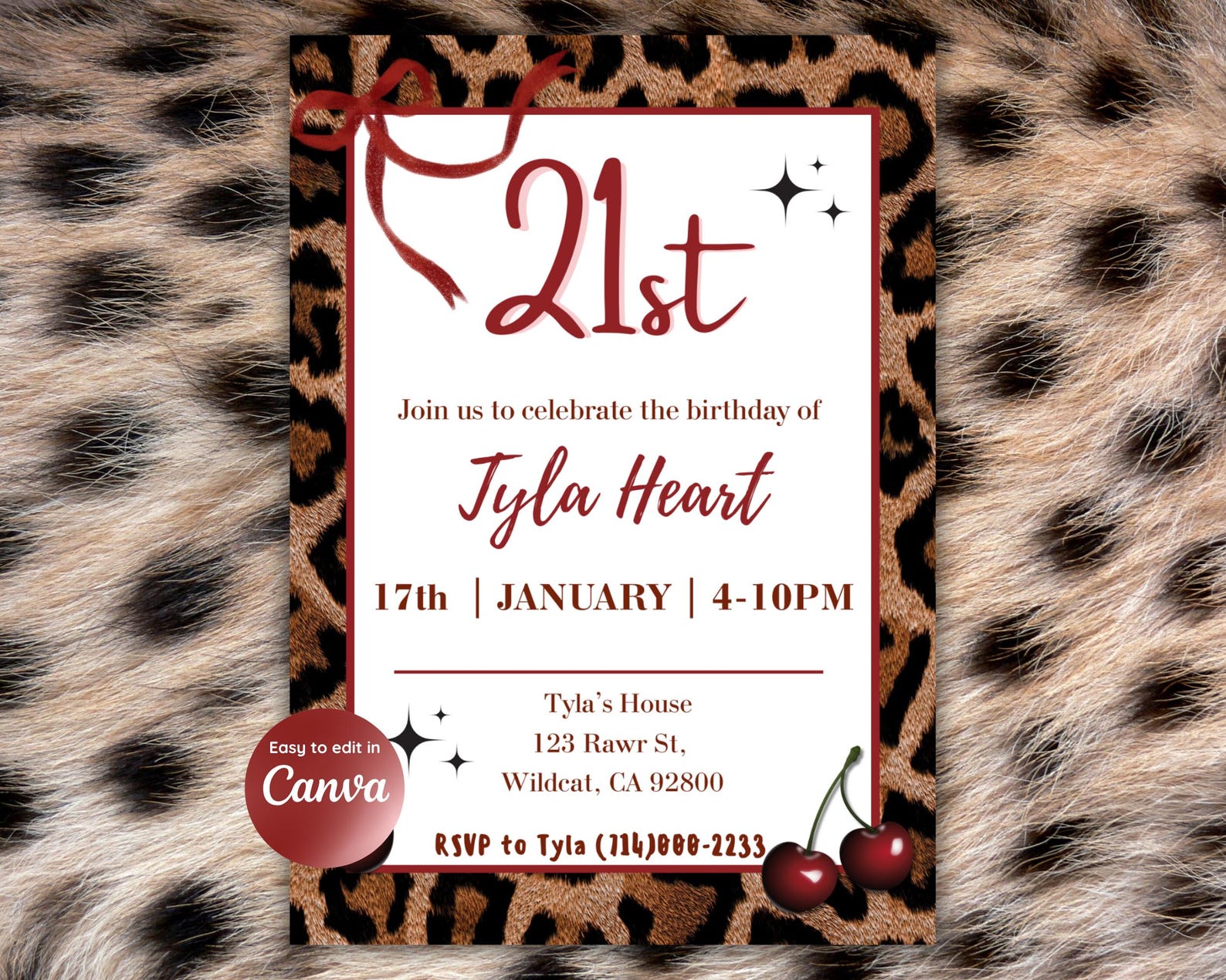 Cherry Leopard Birthday Invitation: Wild Glam Cheetah Print (canva ...