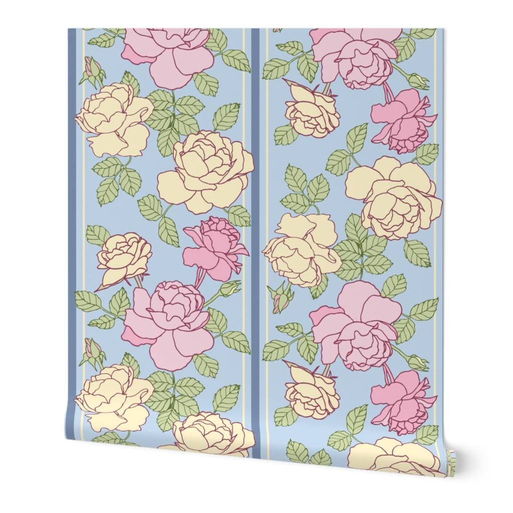 Pink Yellow and Blue Rose Stripe Peel and Stick or Prepasted Wallpaper ...
