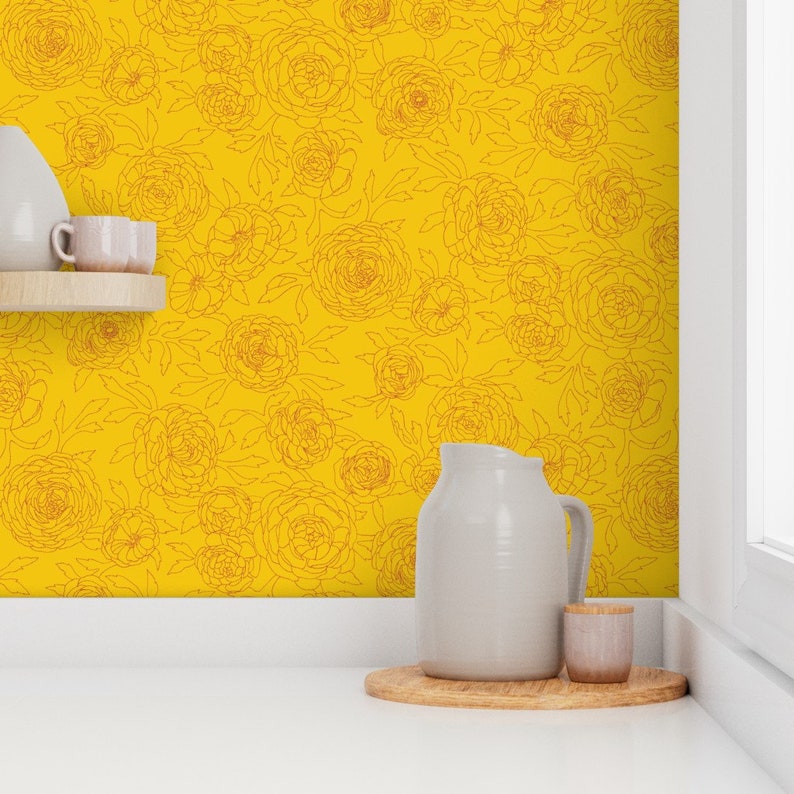 Retro Yellow Floral Wallpaper: Ranunculus Flowers, Peel and Stick or ...