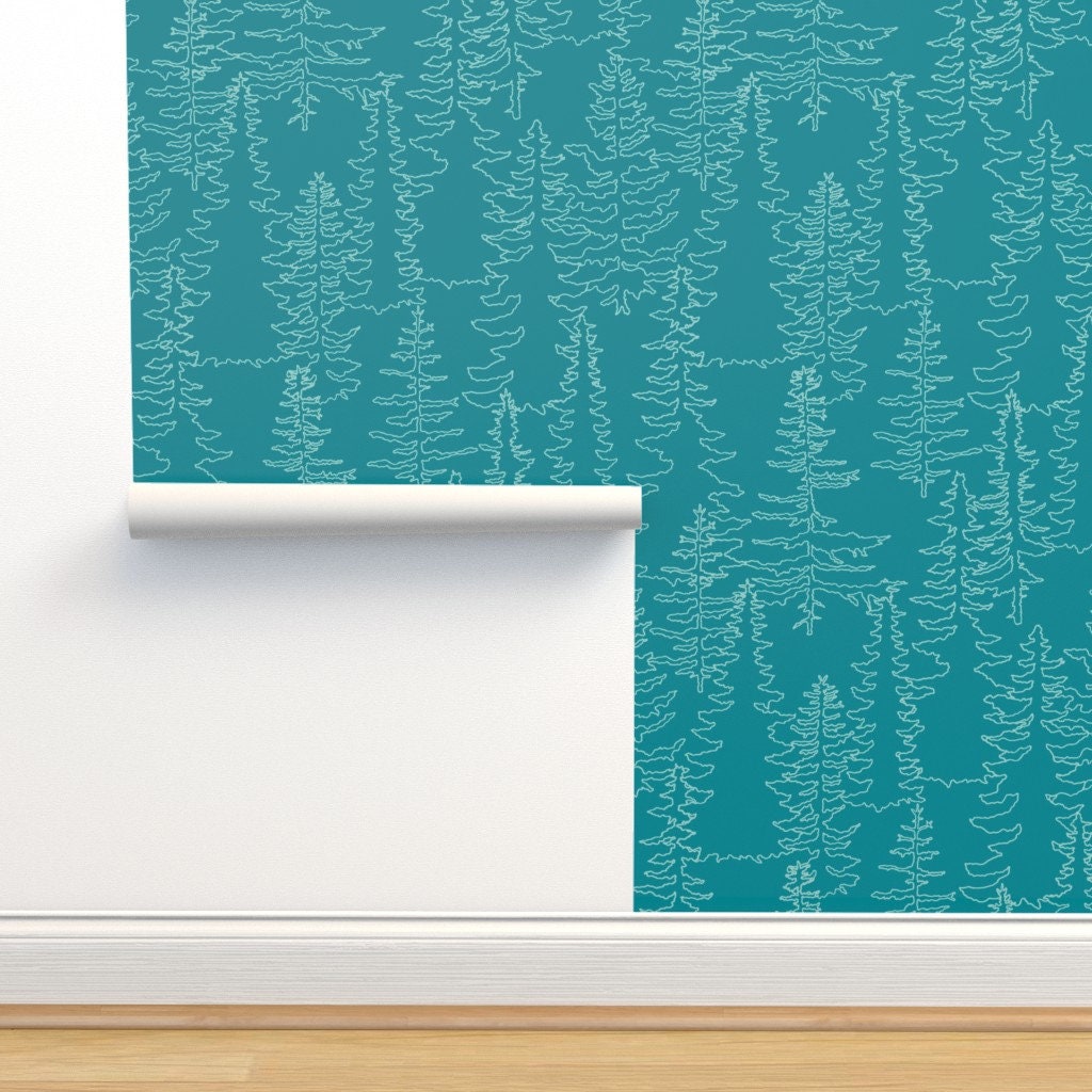 Turquoise Forest Trees Wallpaper: Cabin Core Peel and Stick or ...