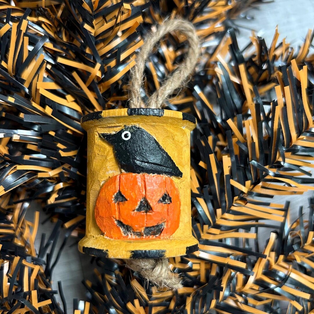 Carved Crow on Jack O Lantern Spool, Large Primitive Halloween Spool ...