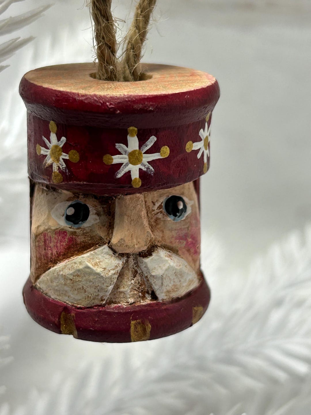 Carved Santa Thread Spool Christmas Ornament, Burgundy Farmhouse Decor ...