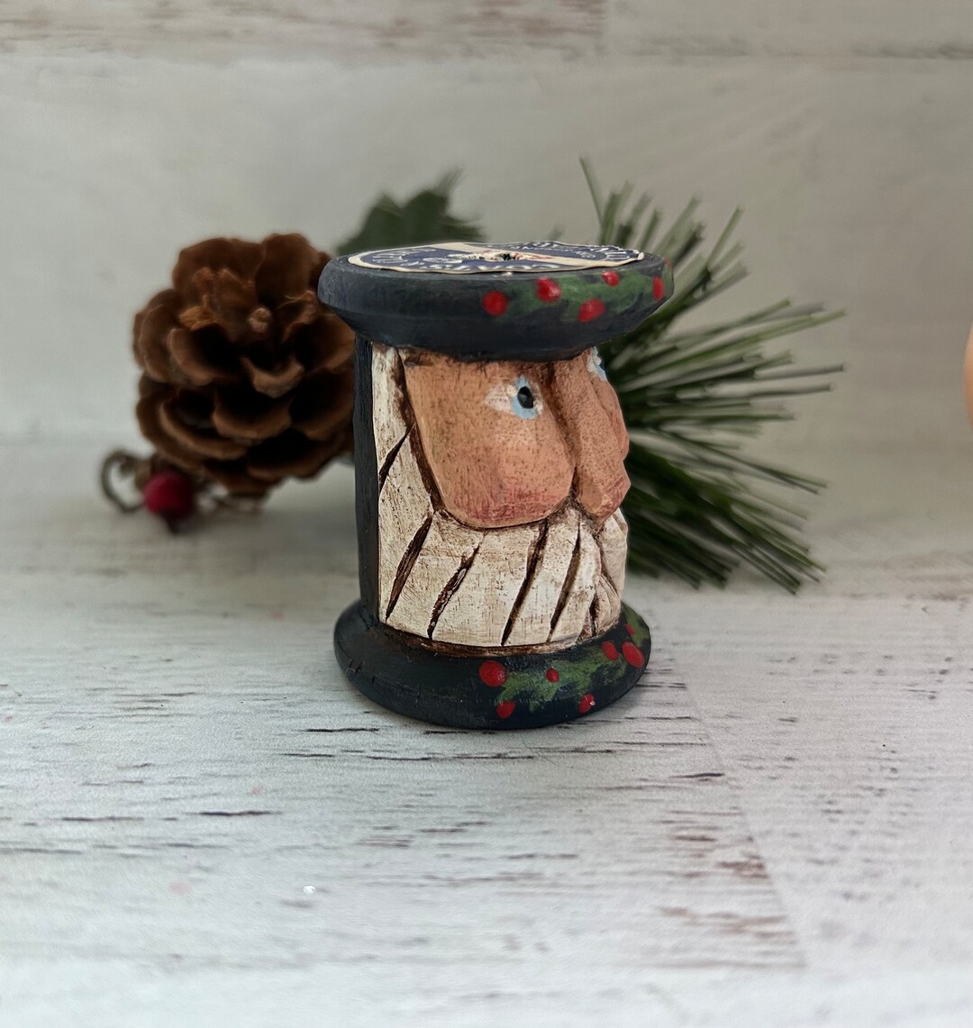 Navy Blue Carved Santa Spool Christmas Ornament Antique Wood - Etsy