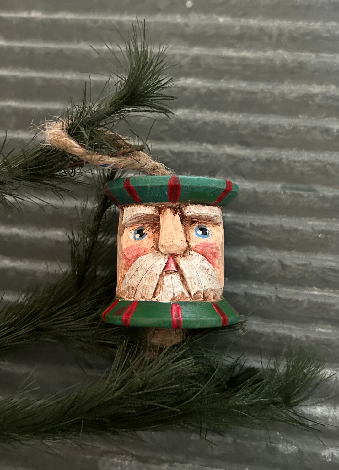 Carved Green Santa Spool With Red Stripes, Wood Carved Antique Sewing ...