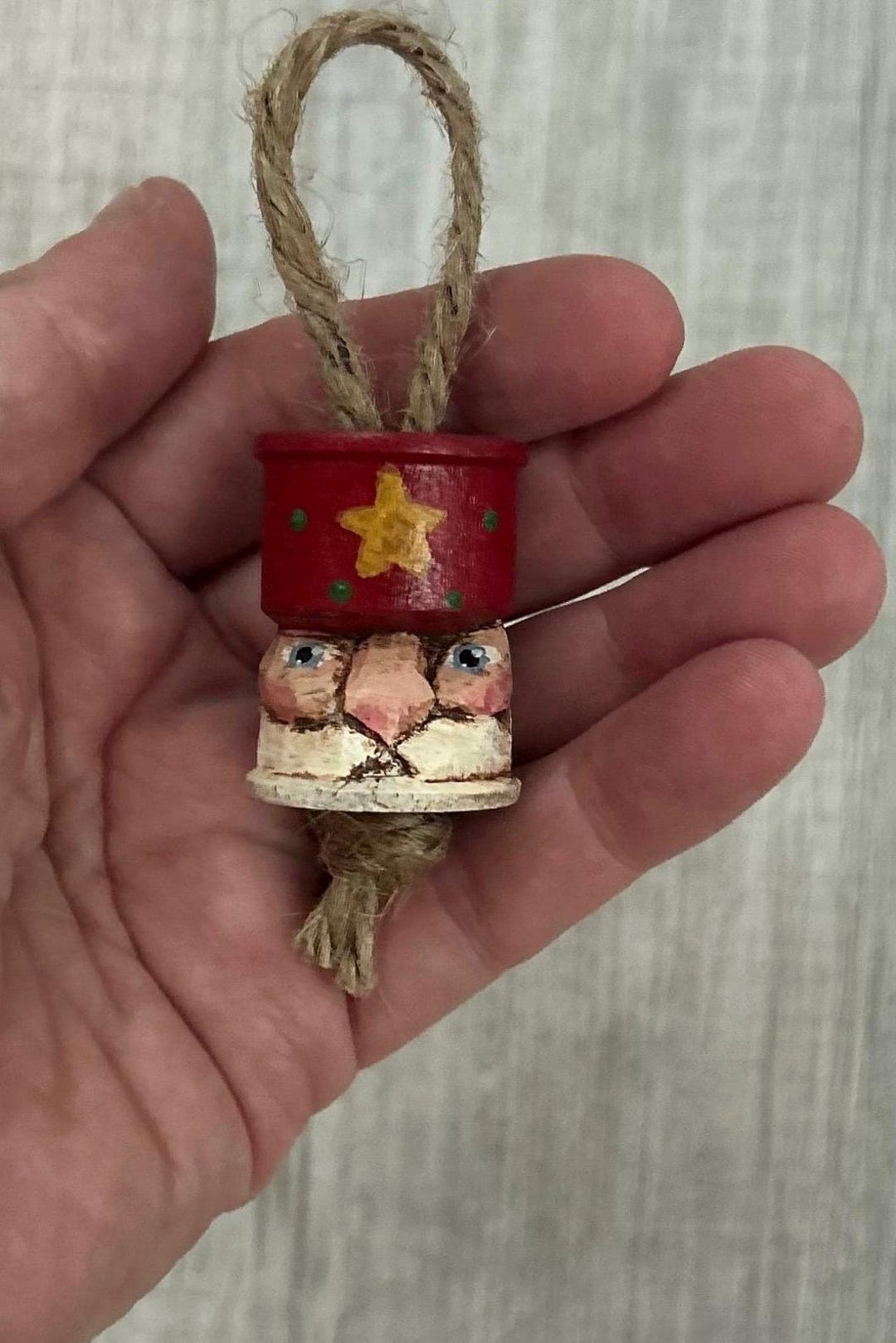 Hand Carved Santa Ornament: Antique Wood Spool, Miniature Father ...