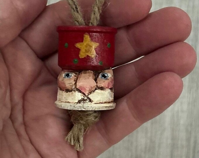 Hand Carved Santa Ornament: Antique Wood Spool, Miniature Father ...