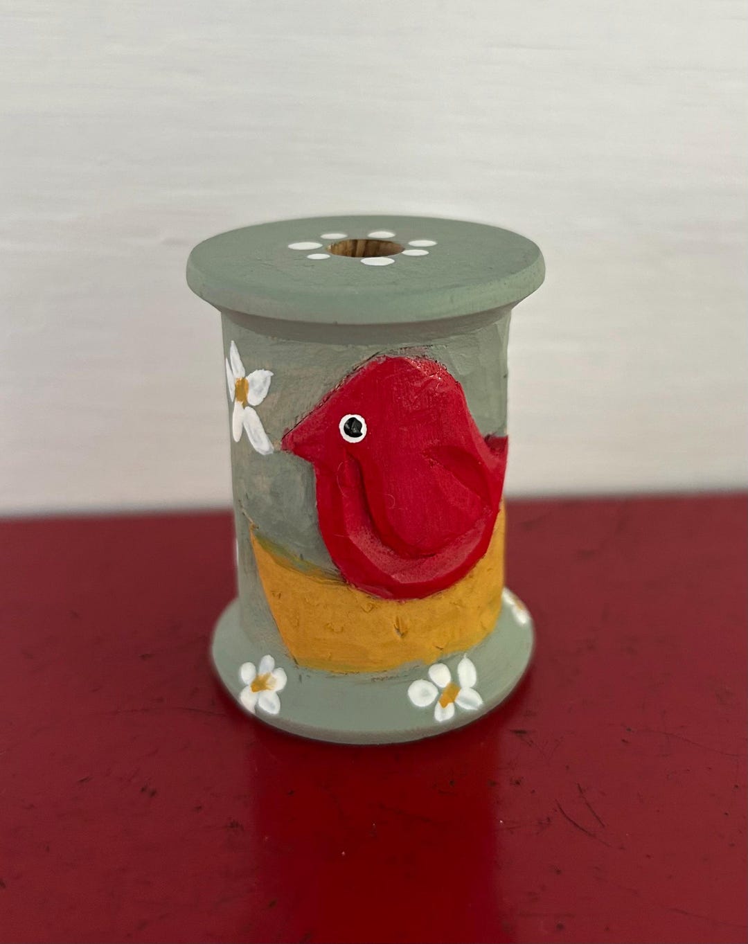Spring Carved Red Bird Spool Christmas Ornament, Carved Vintage Sewing ...