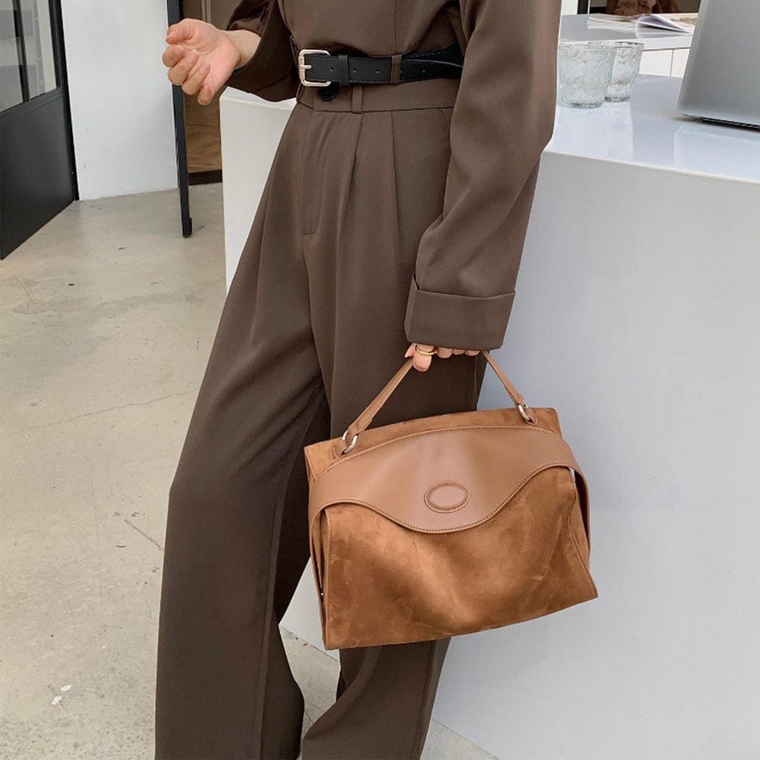 Minimal Tote Bag, Large Top Handle Bag, Suede Leather Shoulder Bag ...