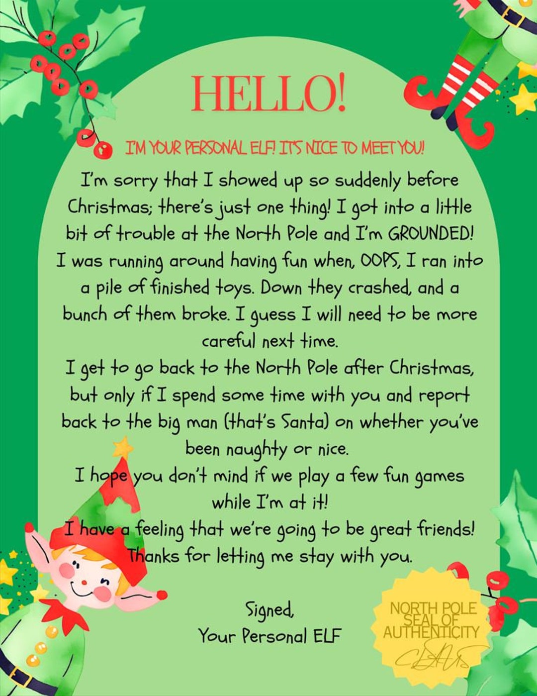 Elf on the Shelf Arrival Letter for Christmas and Holiday Fun - Etsy