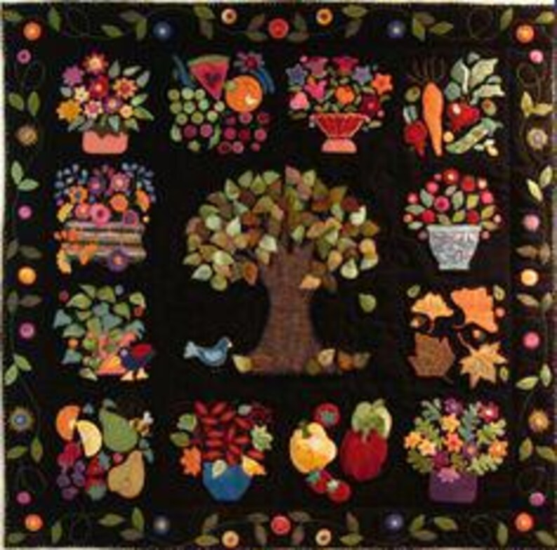 100% Wool Applique Quilt Kit Pattern Tree Applique 42x42 Bright Harvest ...