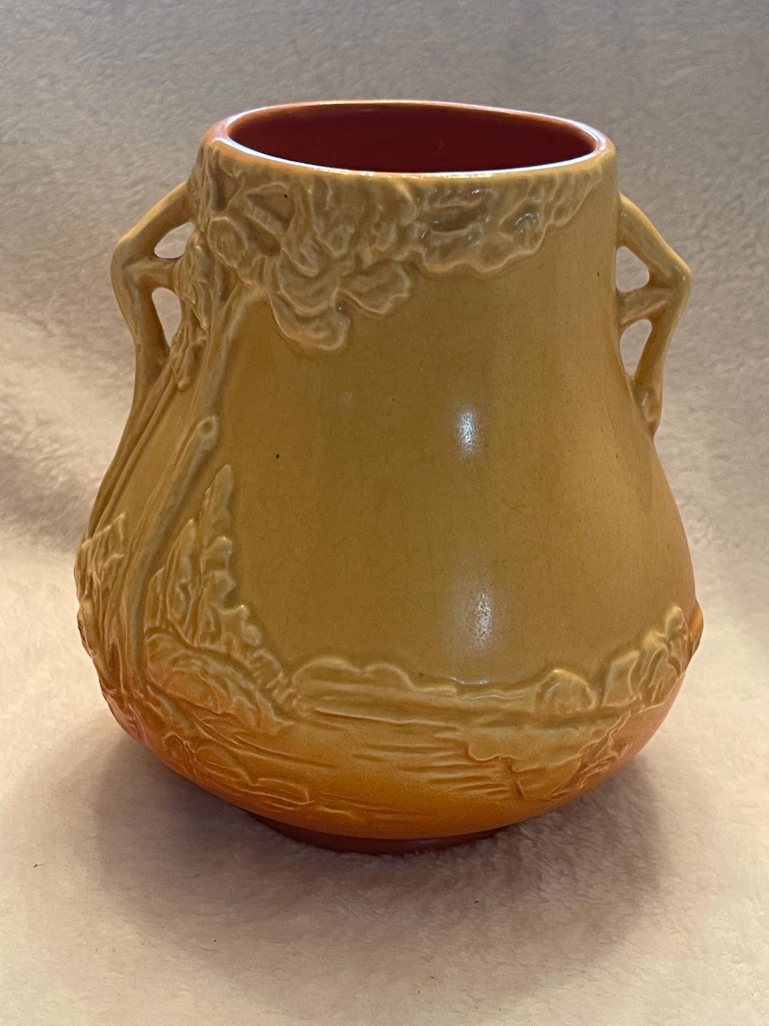 Weller Pottery_scenic Pattern Vase_orange/yellow_3d Raised Design_1930s ...
