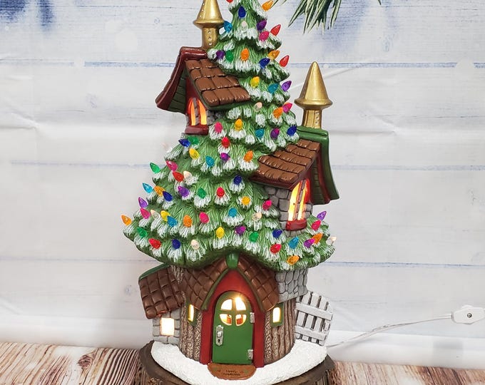 Lighted Ceramic Christmas Tree House Green and Red - Log Base - Etsy