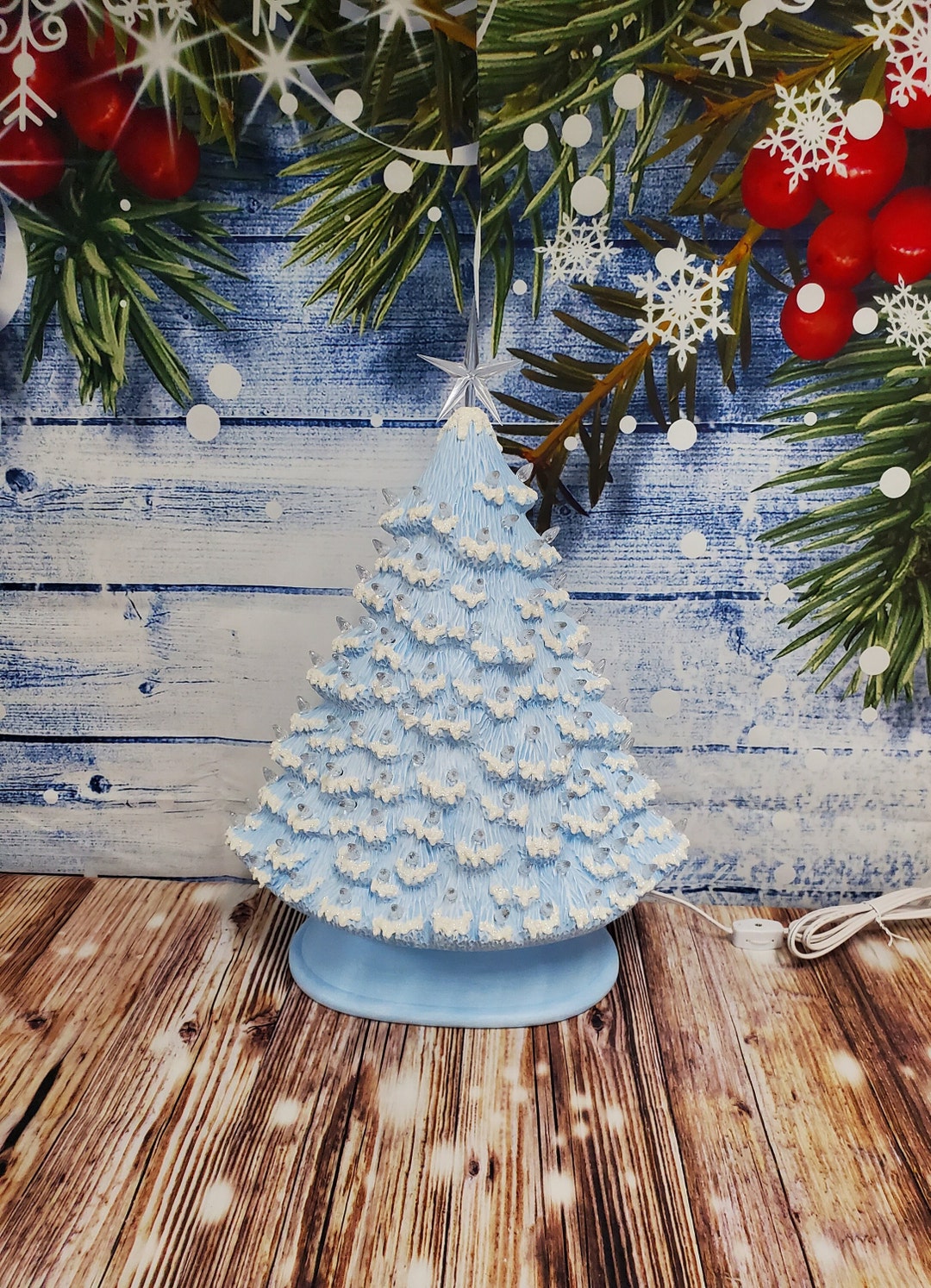 Ceramic Christmas Tree Lighted - Blue - 17" H - Snow - Star - Etsy