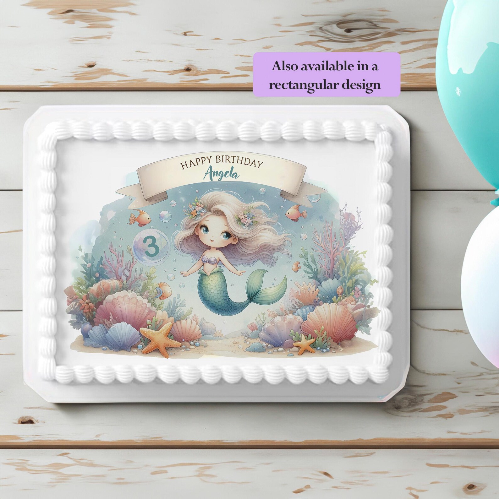Mermaid Edible Cake Topper, Digital Print, Personalized Kids Birthday ...