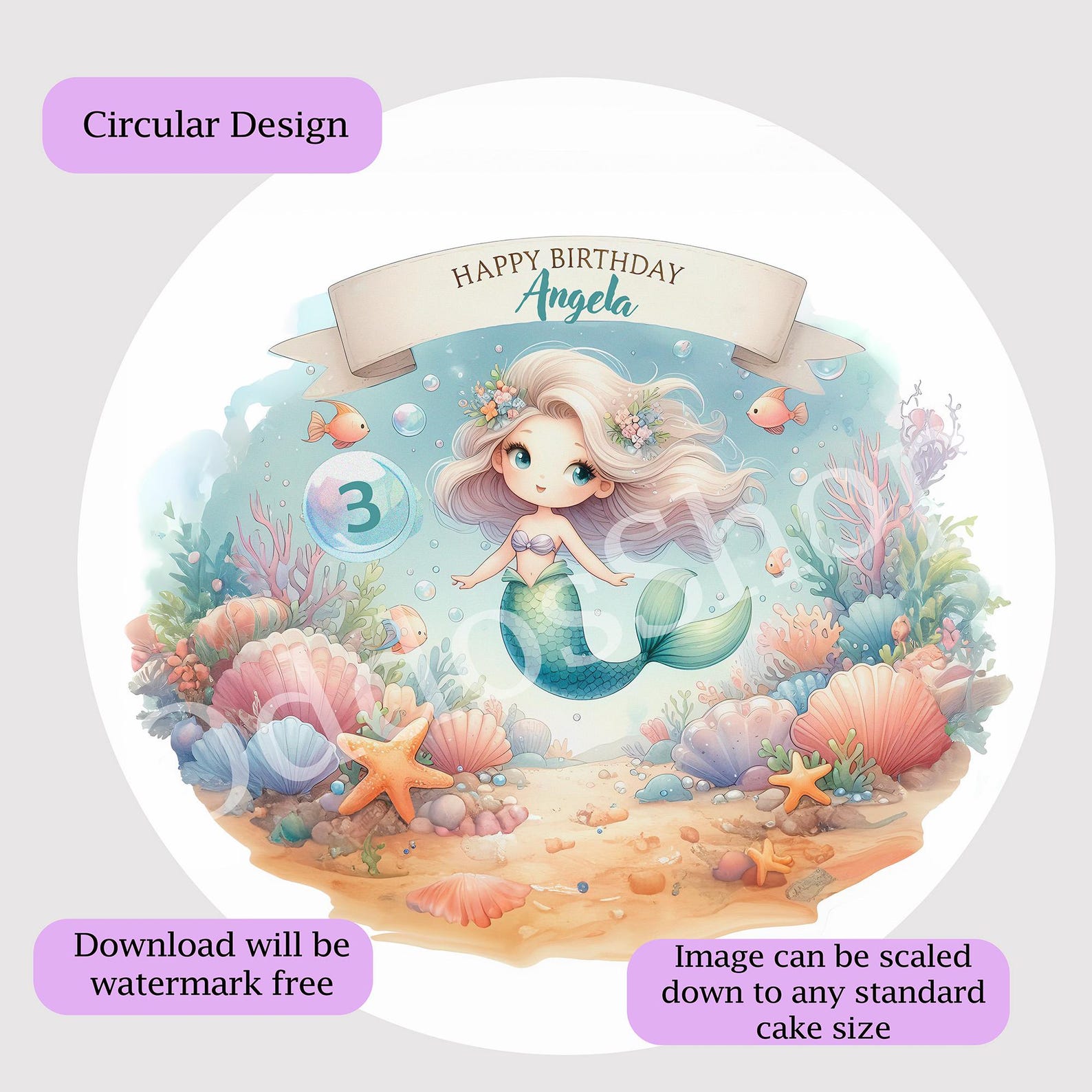 Mermaid Edible Cake Topper, Digital Print, Personalized Kids Birthday ...