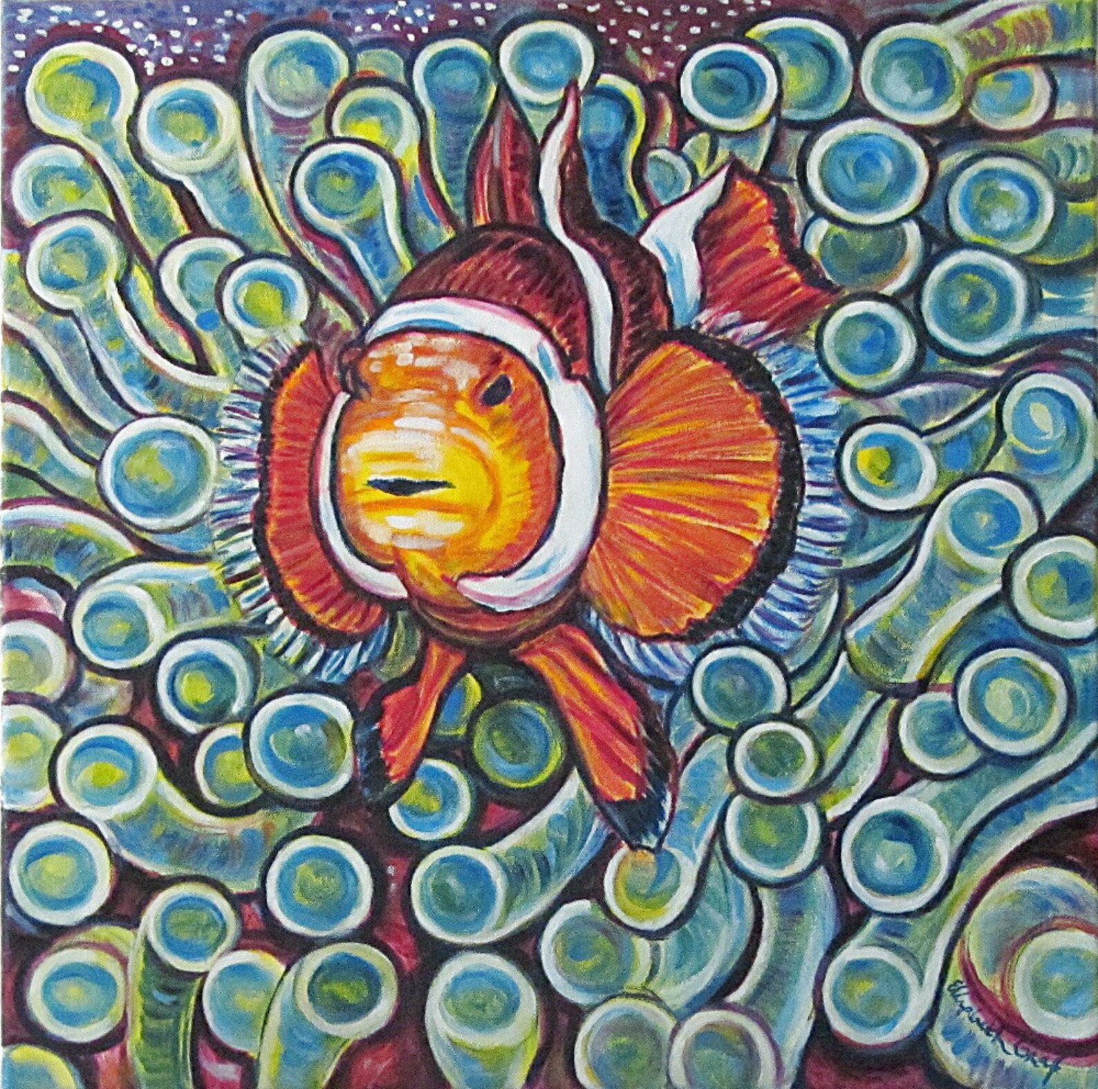 Clownfish and Frogspawn Coral -- 20 X 20 Inch Original Oil Painting by ...