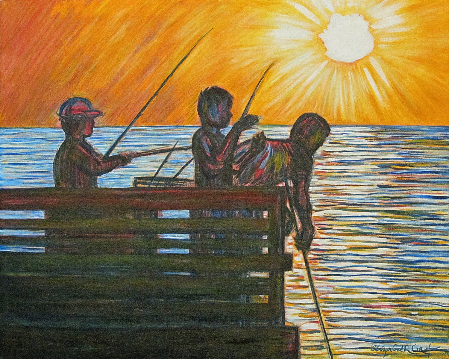 Fishing on the Pier -- 24 X 30 Inch Original Oil Painting by Elizabeth ...