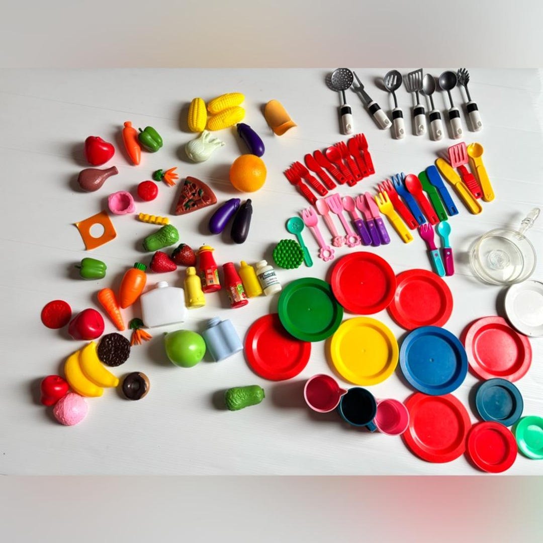 Vintage Pretend Play Set: Plastic Fruit, Veggies, Plates, and Utensils ...