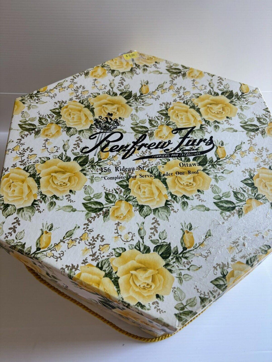 2 Vintage Hexagonal Hat Box, Cardboard W/rope Handle, Floral Yellow ...