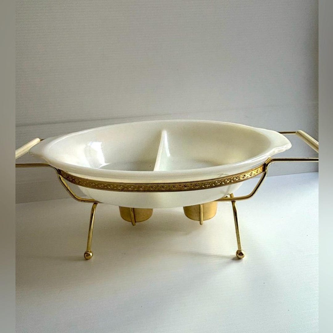 Vintage Fire-king Divided Milk Glass Chafing Dish #468 With Brass ...