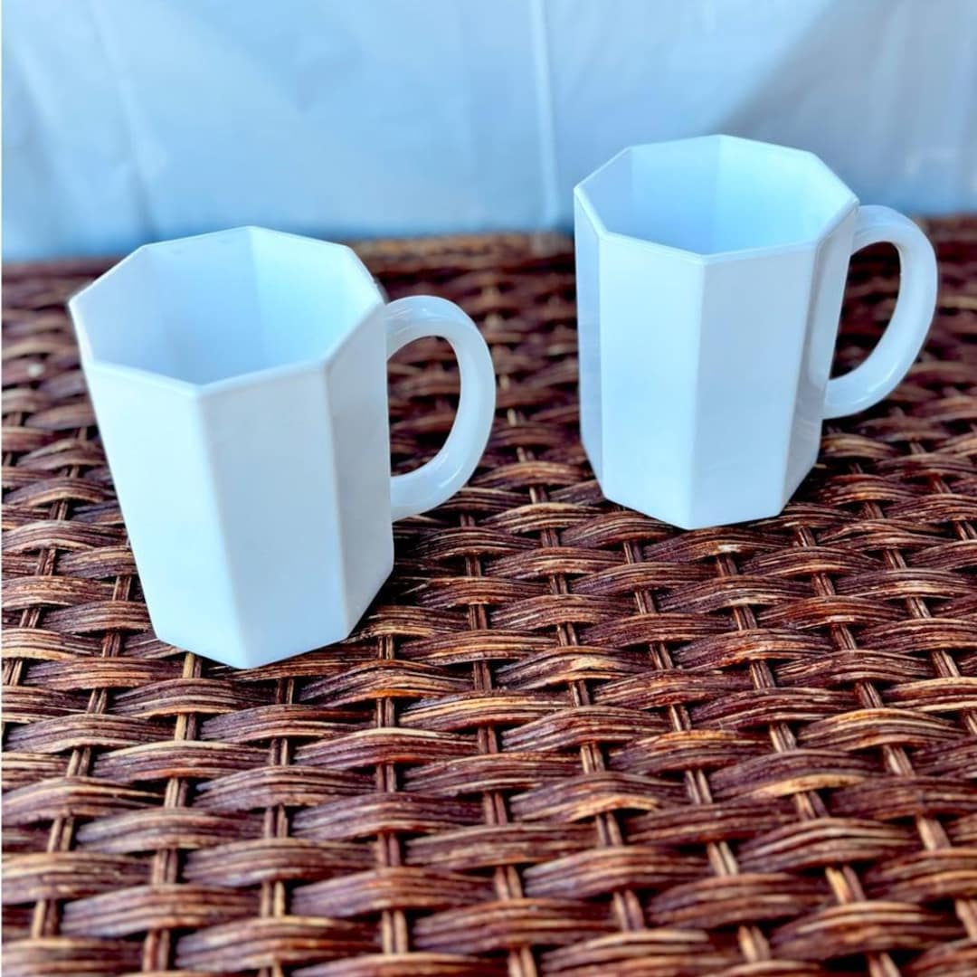 Vintage Octagon Milk Glass Mugs | White Geometric Handle Cups | Set of ...