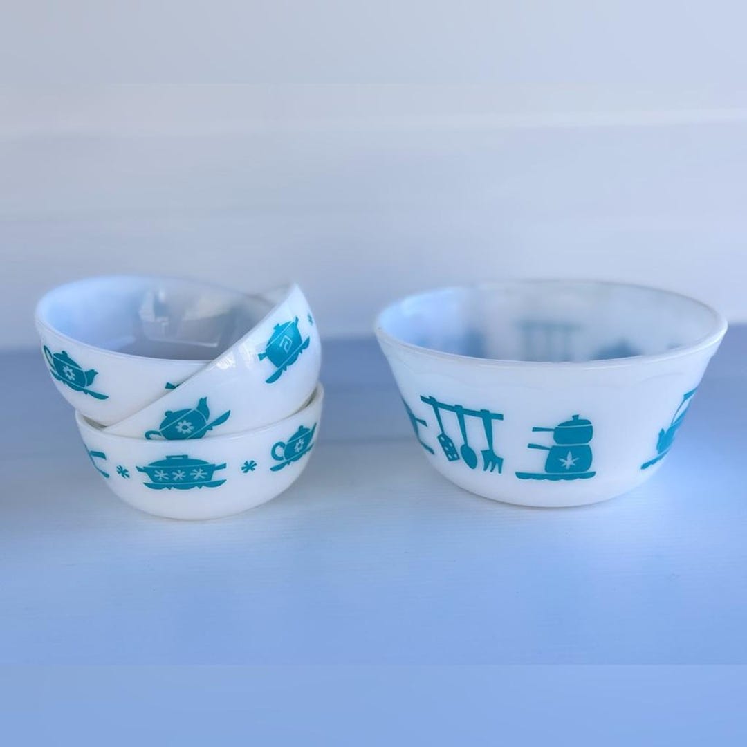 Fire King Turquoise Kitchen Pattern Milk Glass Bowls Set of 4 – Retro ...