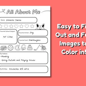 First Day of School Worksheet All About Me - Instant Download, Back to ...